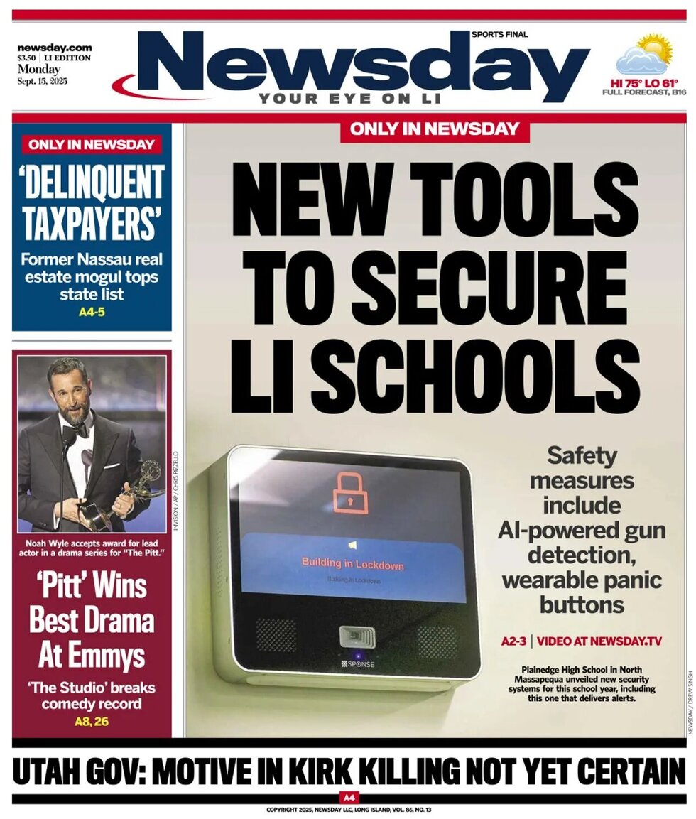 Newsday - Today's Front Page, 15/09/2025