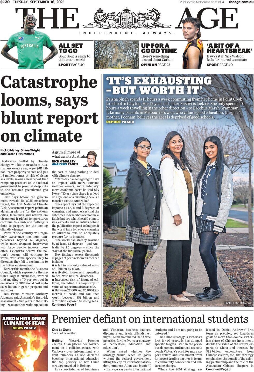 The Age - Today's Front Page, 16/09/2025