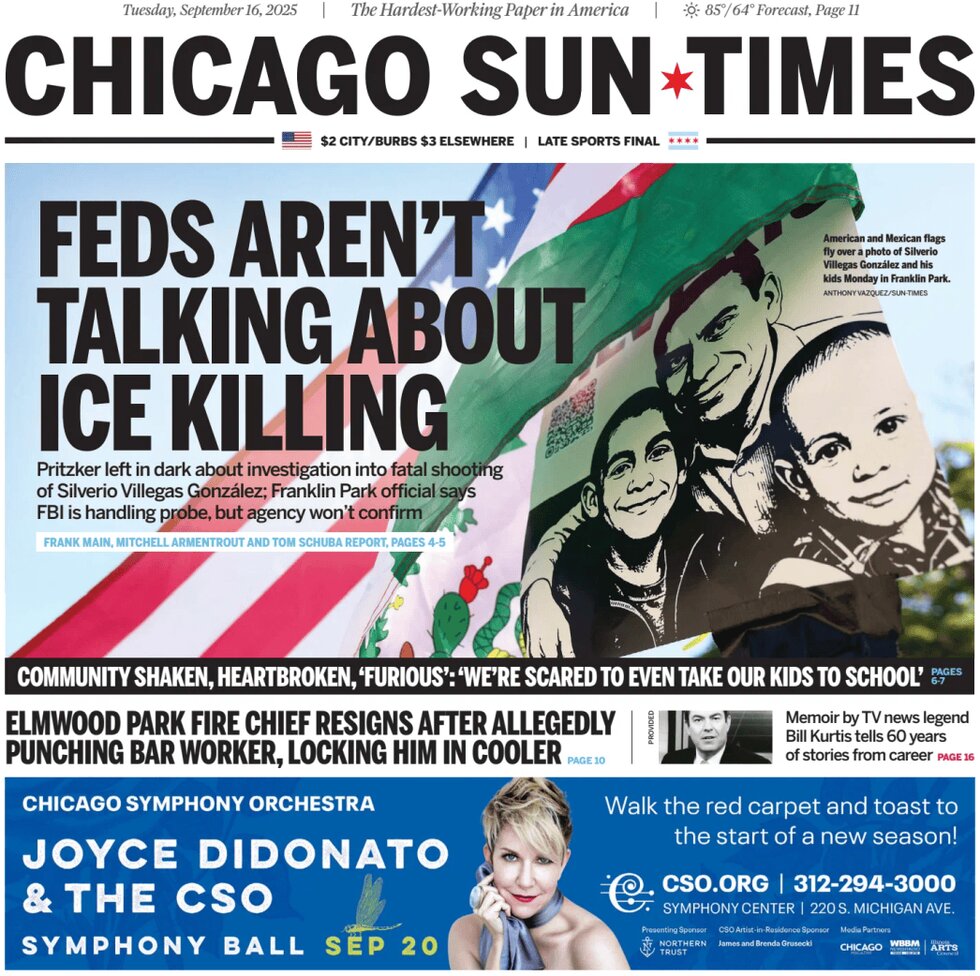 Chicago Sun-Times - Today's Front Page, 16/09/2025