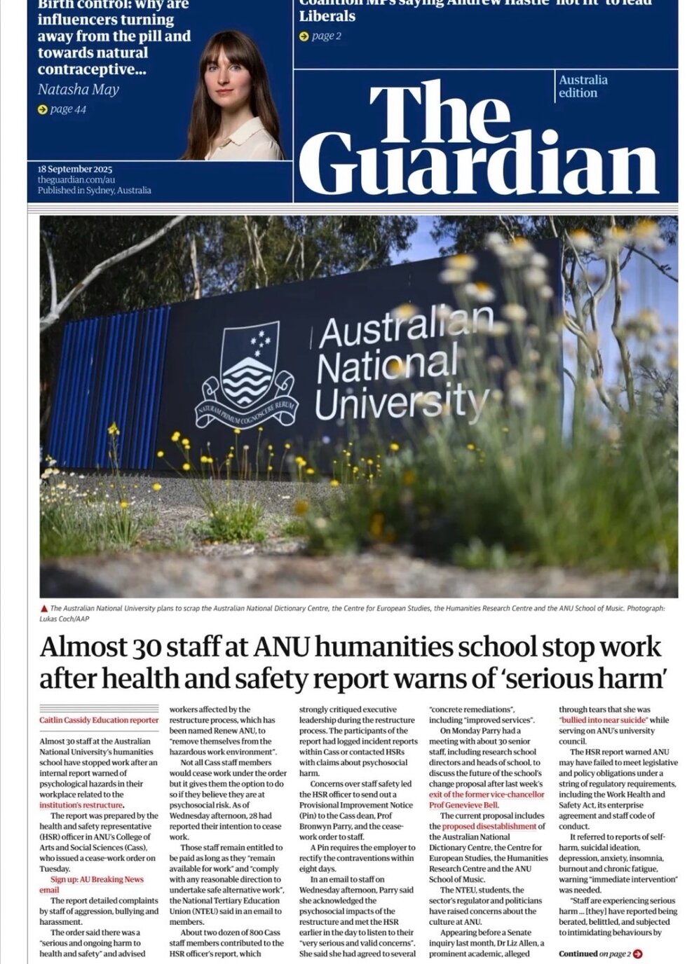 The Guardian Australia - Today's Front Page, 18/09/2025