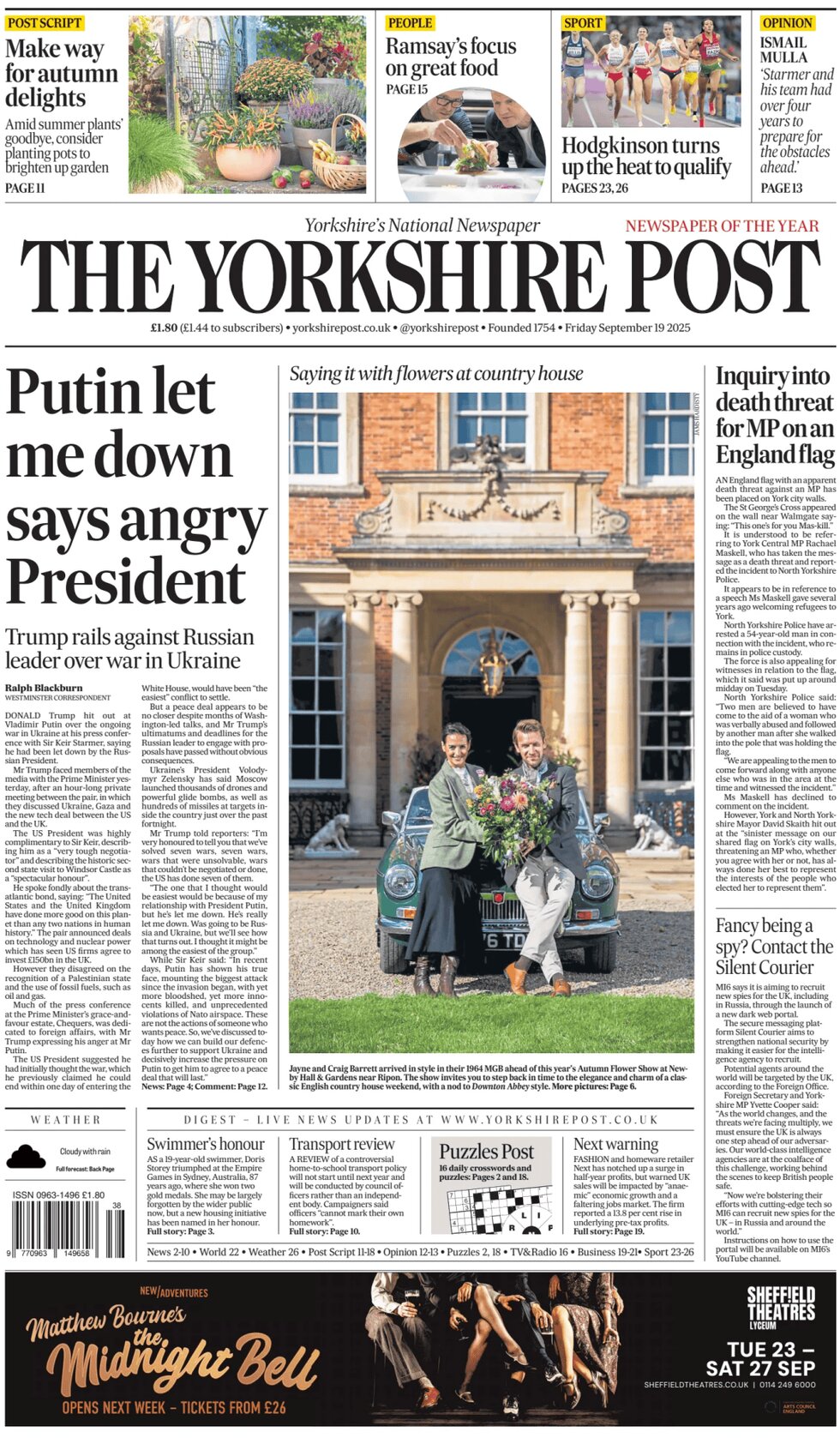 The Yorkshire Post - Today's Front Page, 19/09/2025