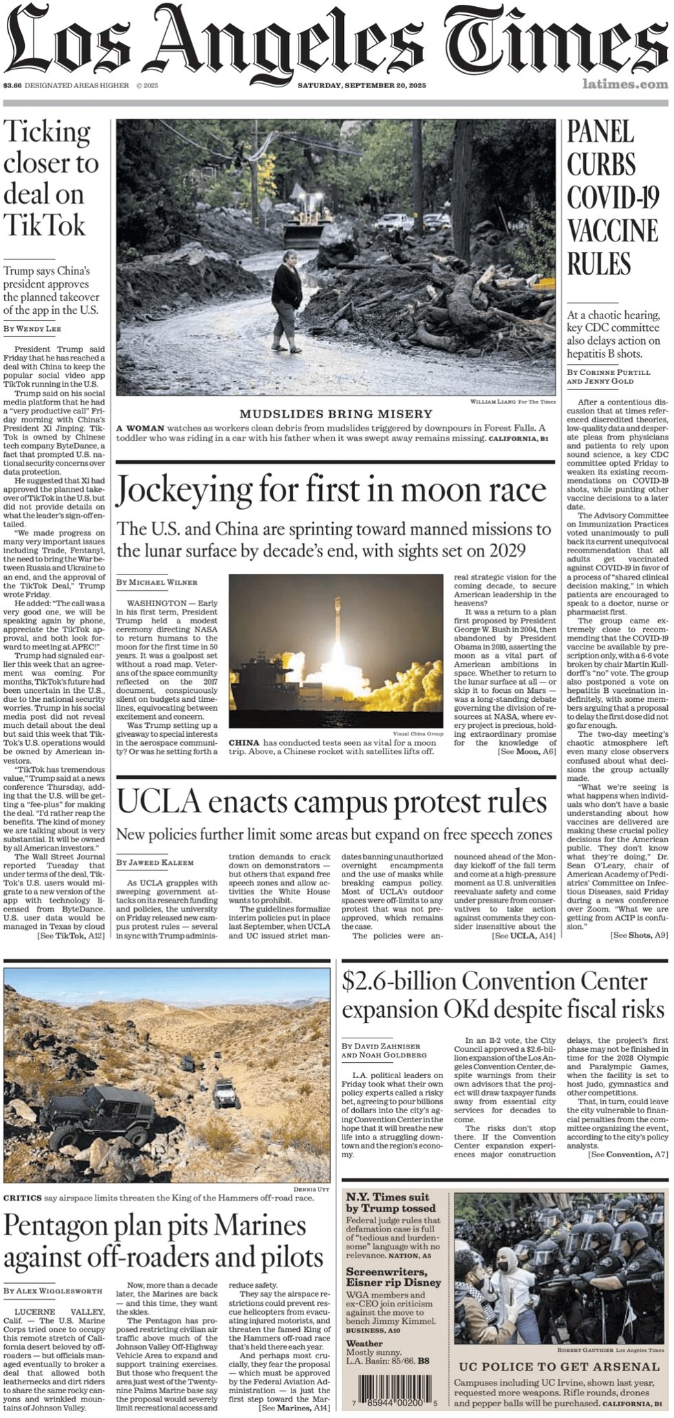 Los Angeles Times - Today's Front Page, 20/09/2025