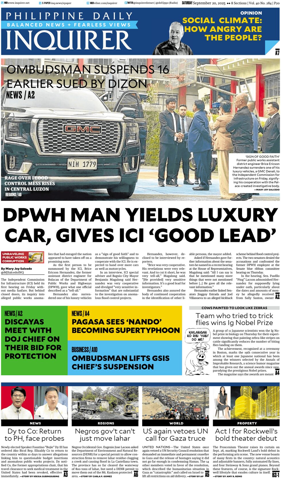 Philippine Daily Inquirer - Today's Front Page, 20/09/2025