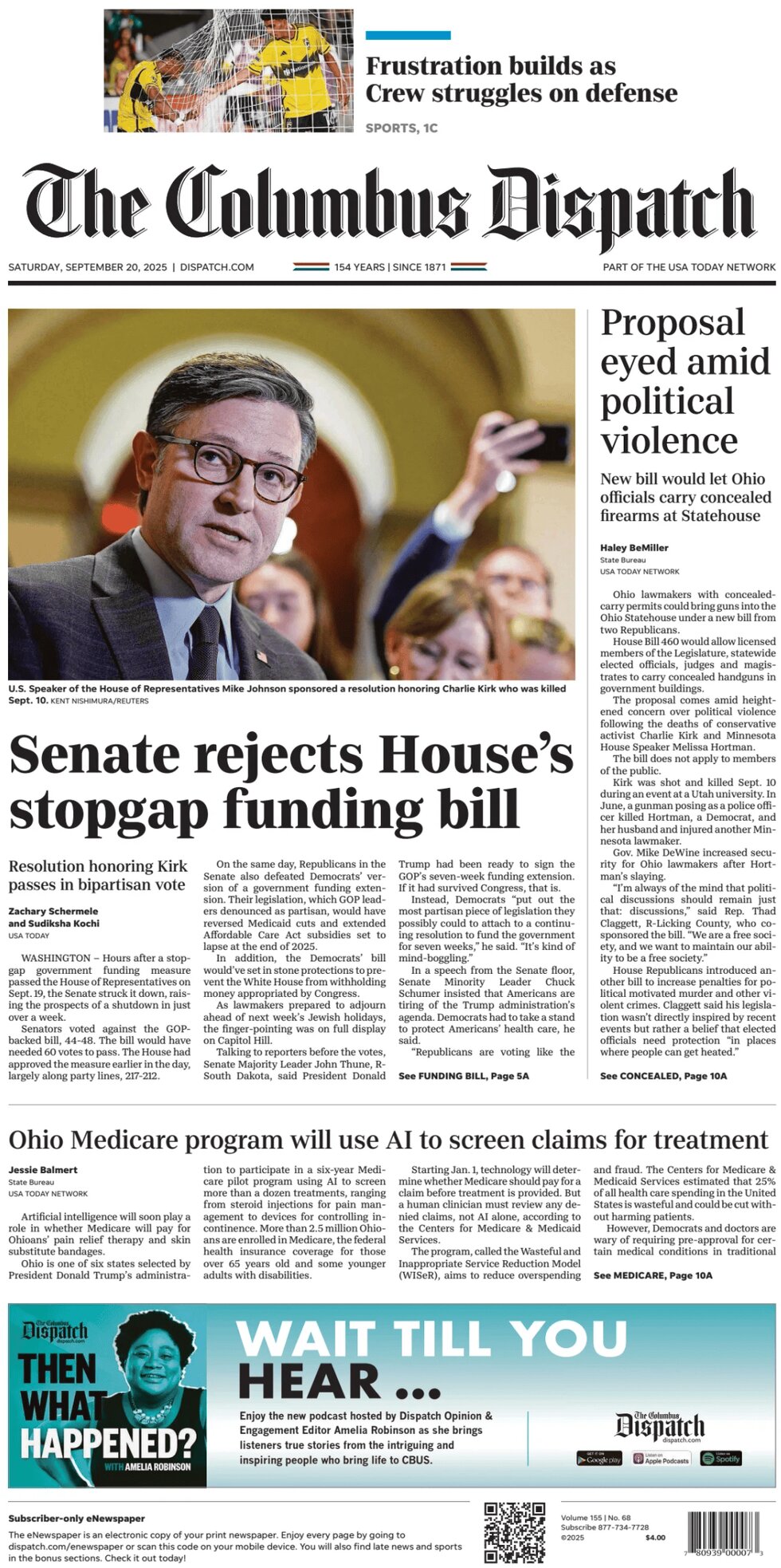 The Columbus Dispatch - Today's Front Page, 20/09/2025