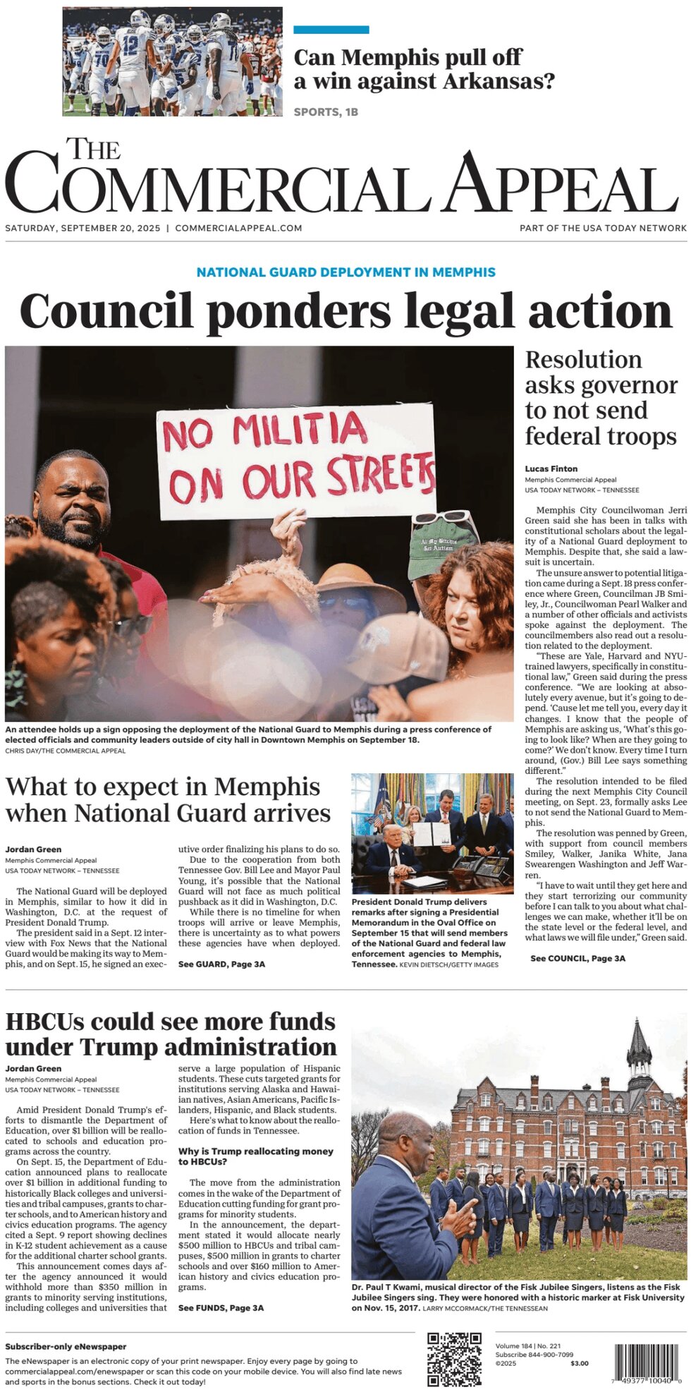 The Commercial Appeal - Today's Front Page, 20/09/2025