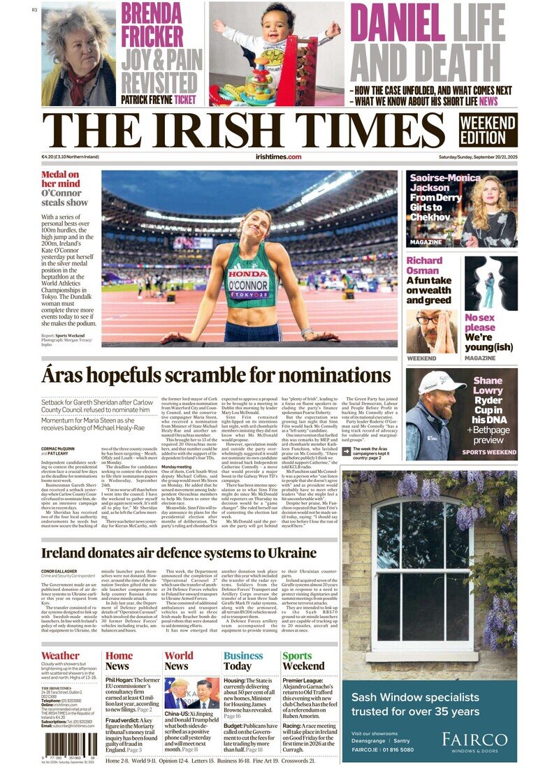 The Irish Times - Today's Front Page, 21/09/2025