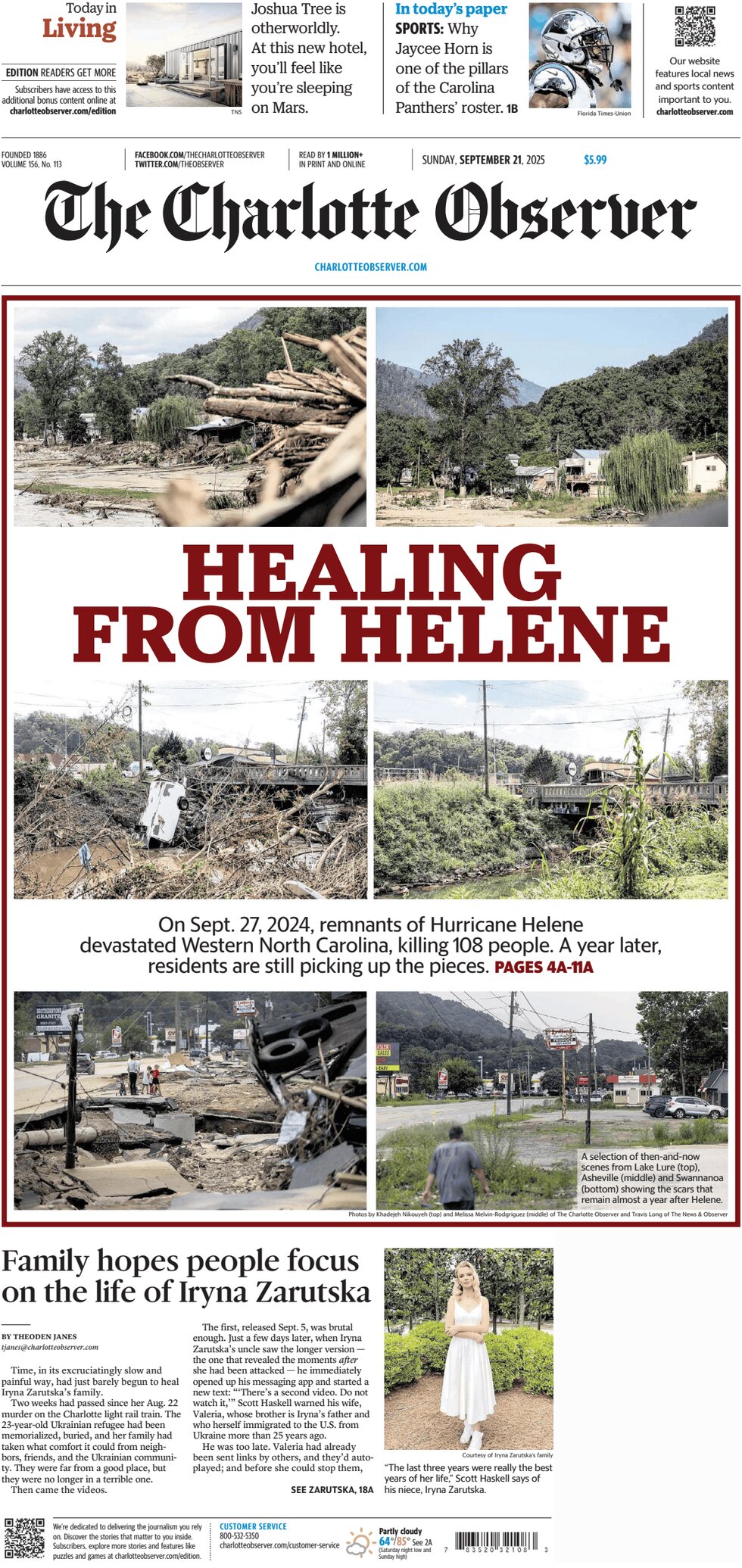 The Charlotte Observer - Today's Front Page, 21/09/2025