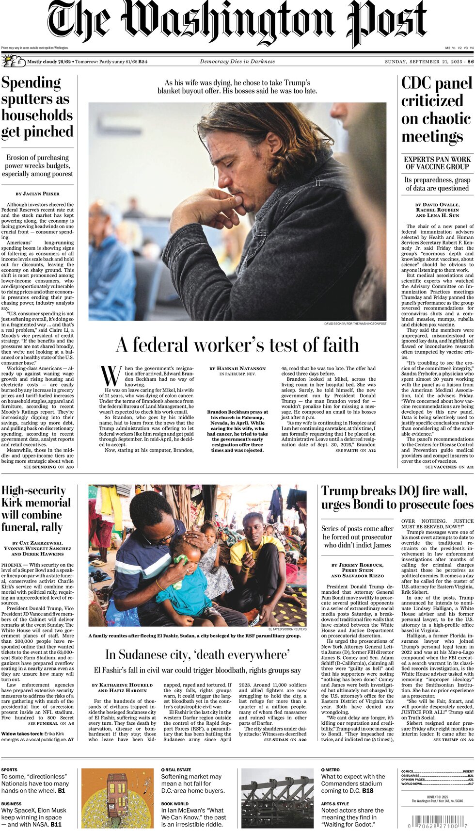 The Washington Post - Today's Front Page, 21/09/2025