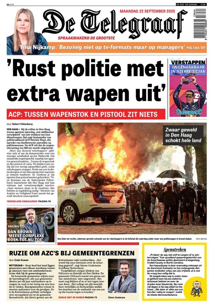De Telegraaf - Today's Front Page, 22/09/2025