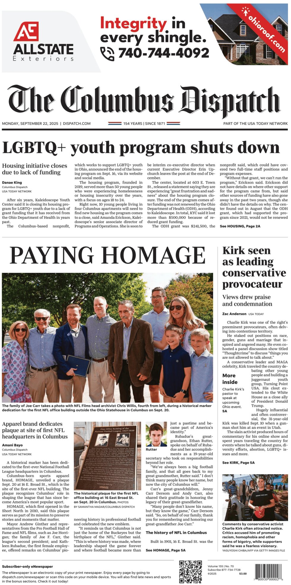 The Columbus Dispatch - Today's Front Page, 22/09/2025