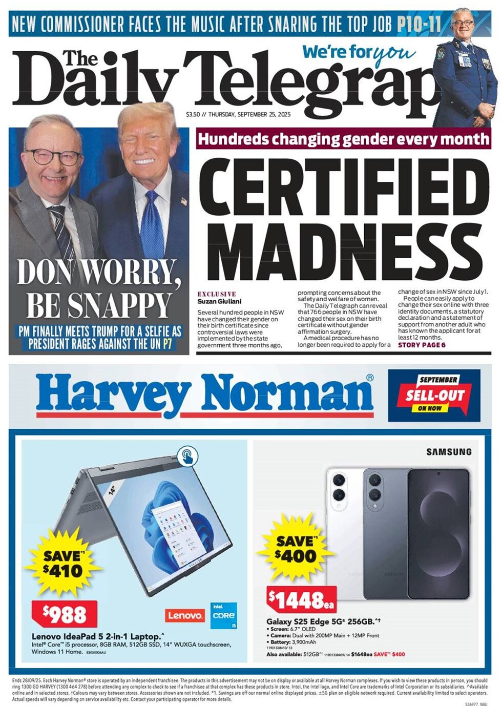 The Daily Telegraph (Sydney) - Today's Front Page, 25/09/2025