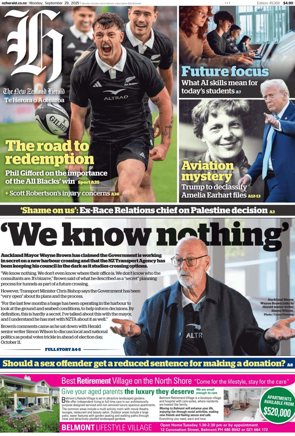 The New Zealand Herald - Today's Front Page, 29/09/2025