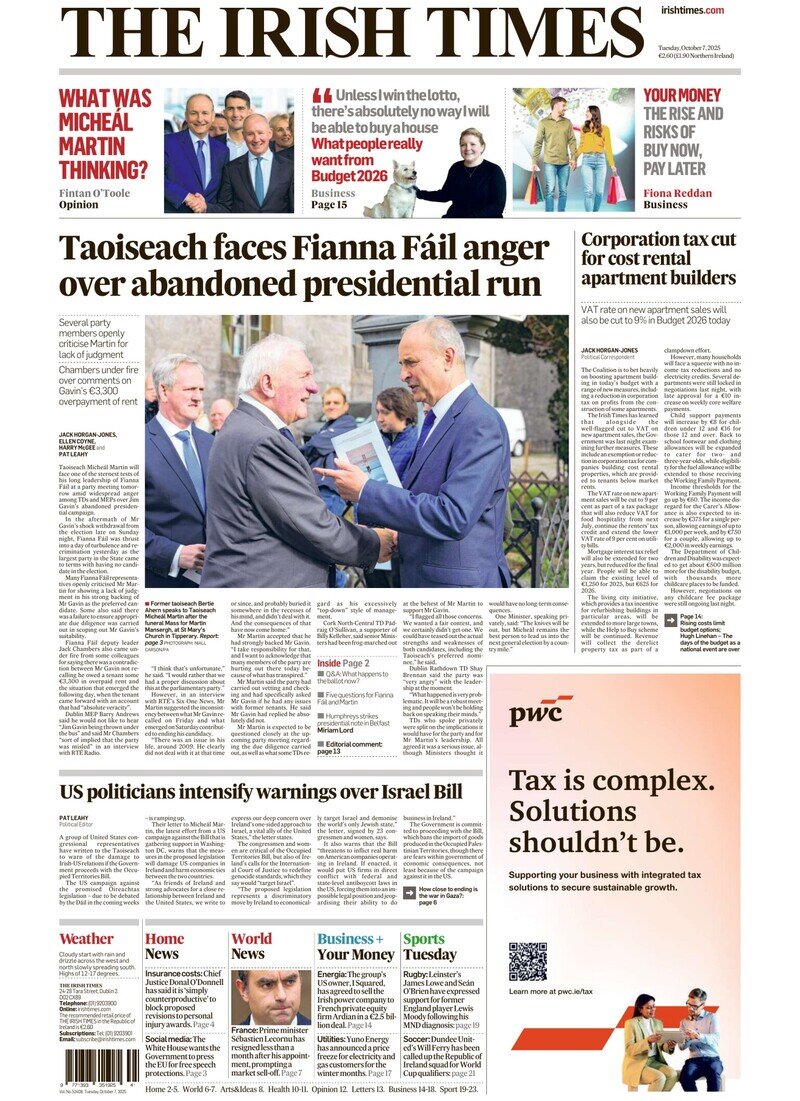 The Irish Times - Today's Front Page, 07/10/2025