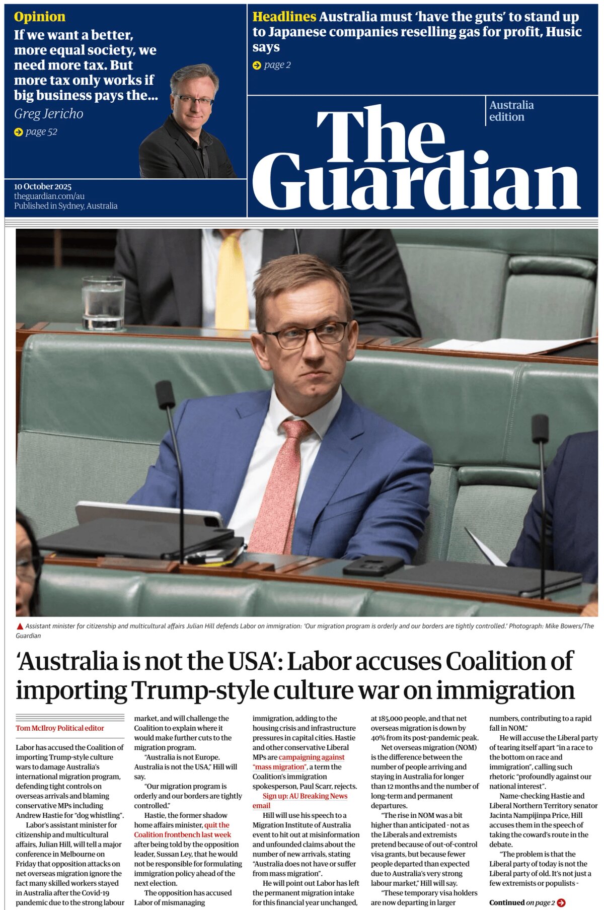 The Guardian Australia - Today's Front Page, 10/10/2025