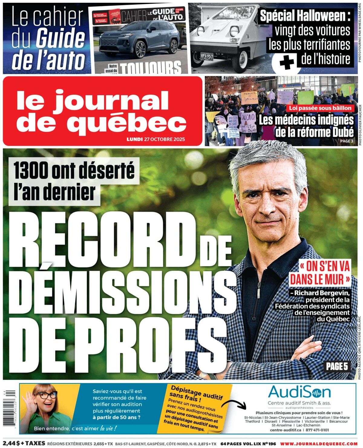 Le Journal de Québec - Today's Front Page, 27/10/2025