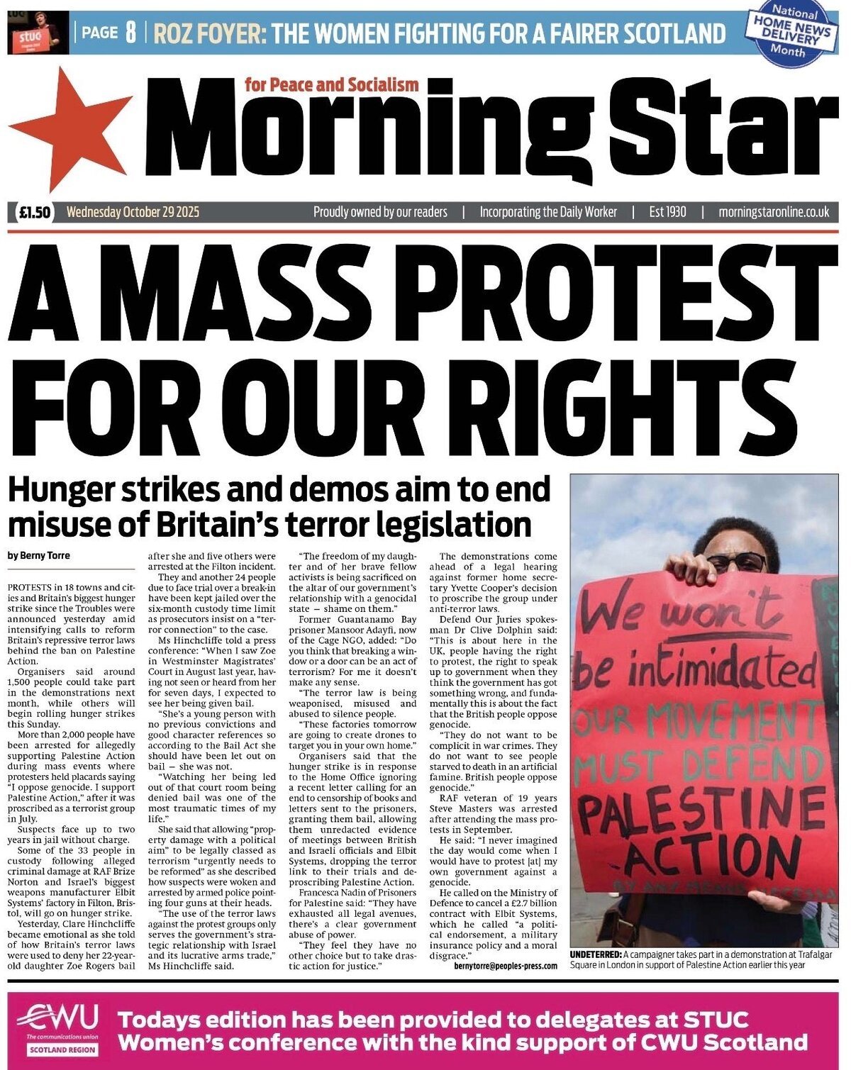 Morning Star - Today's Front Page, 29/10/2025