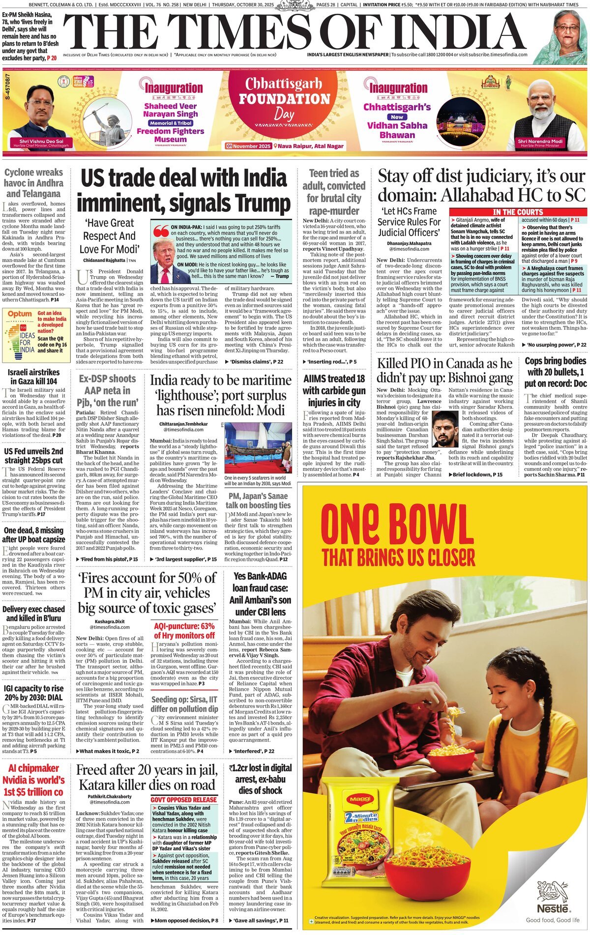 The Times of India - Today's Front Page, 30/10/2025